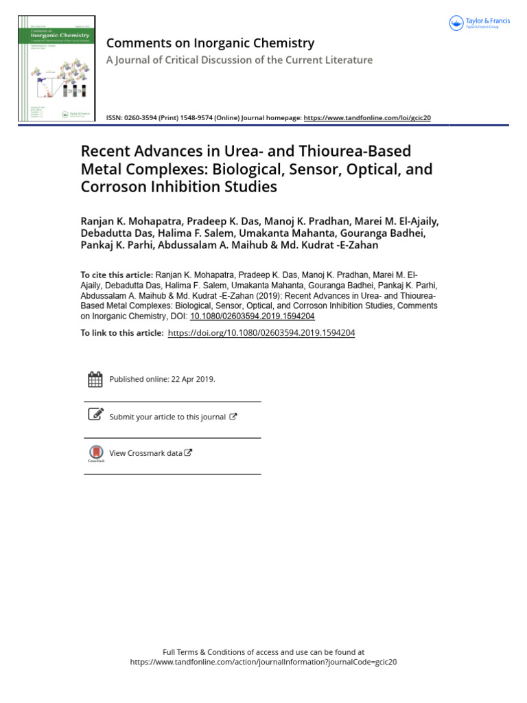 Recent Advances in Urea-And Thiourea-Based Metal Complexes: Biological ...