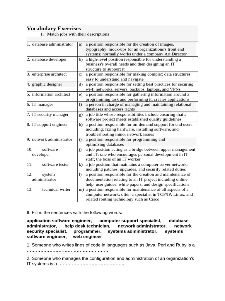 IT Professions - vocabulary tasks | PDF | Computer Network | Databases