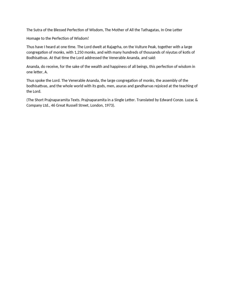 Perfection of Wisdom: One Letter Sutra | PDF
