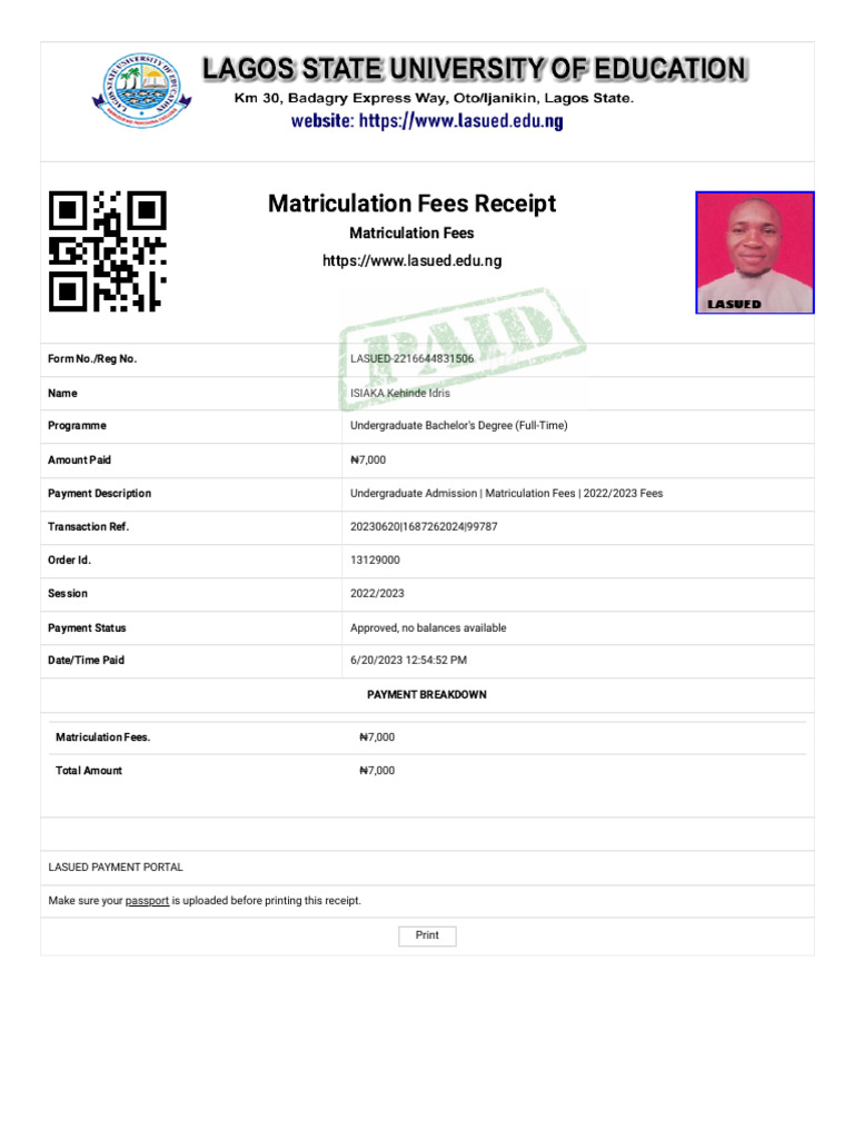 Matriculation Fees - LASUED Payment Receipt | PDF