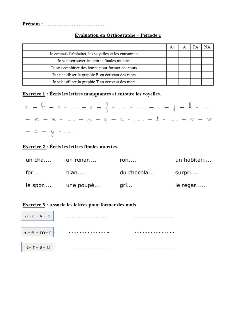 Evaluation Graphémo - Période 1 CE1 | PDF | Études des langues ...