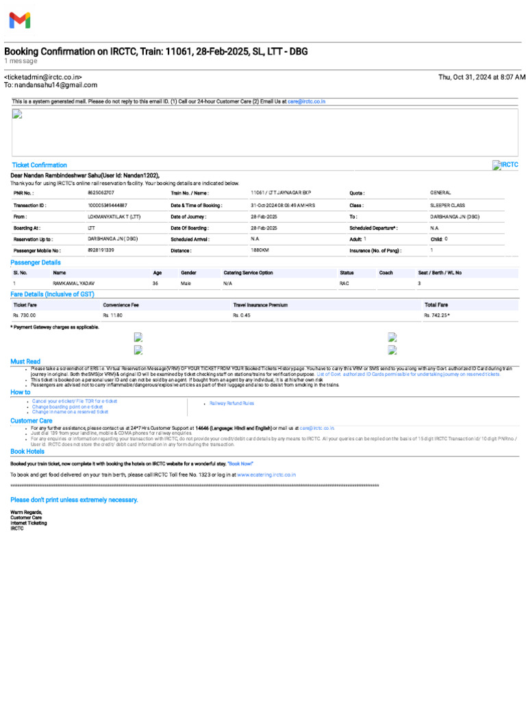 Gmail - Booking Confirmation On IRCTC, Train - 11061, 28-Feb-2025, SL ...