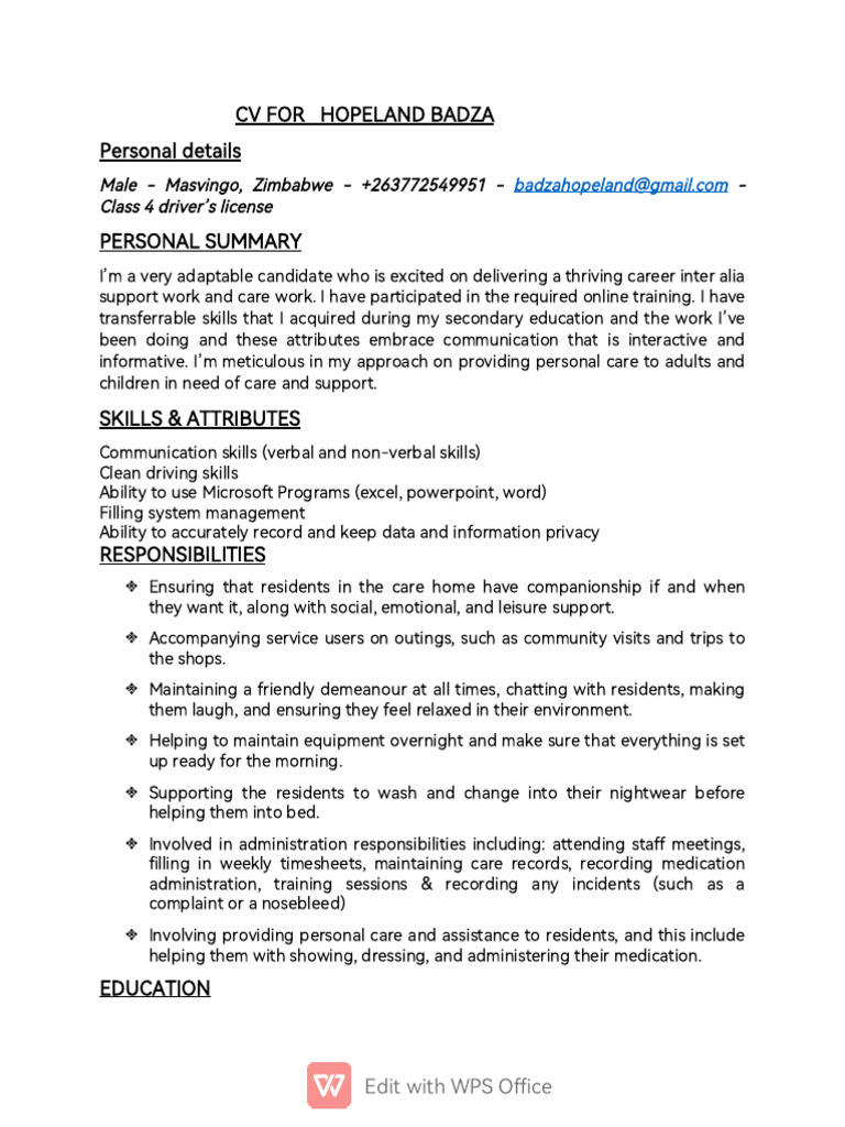 Hopeland Badza CV | PDF
