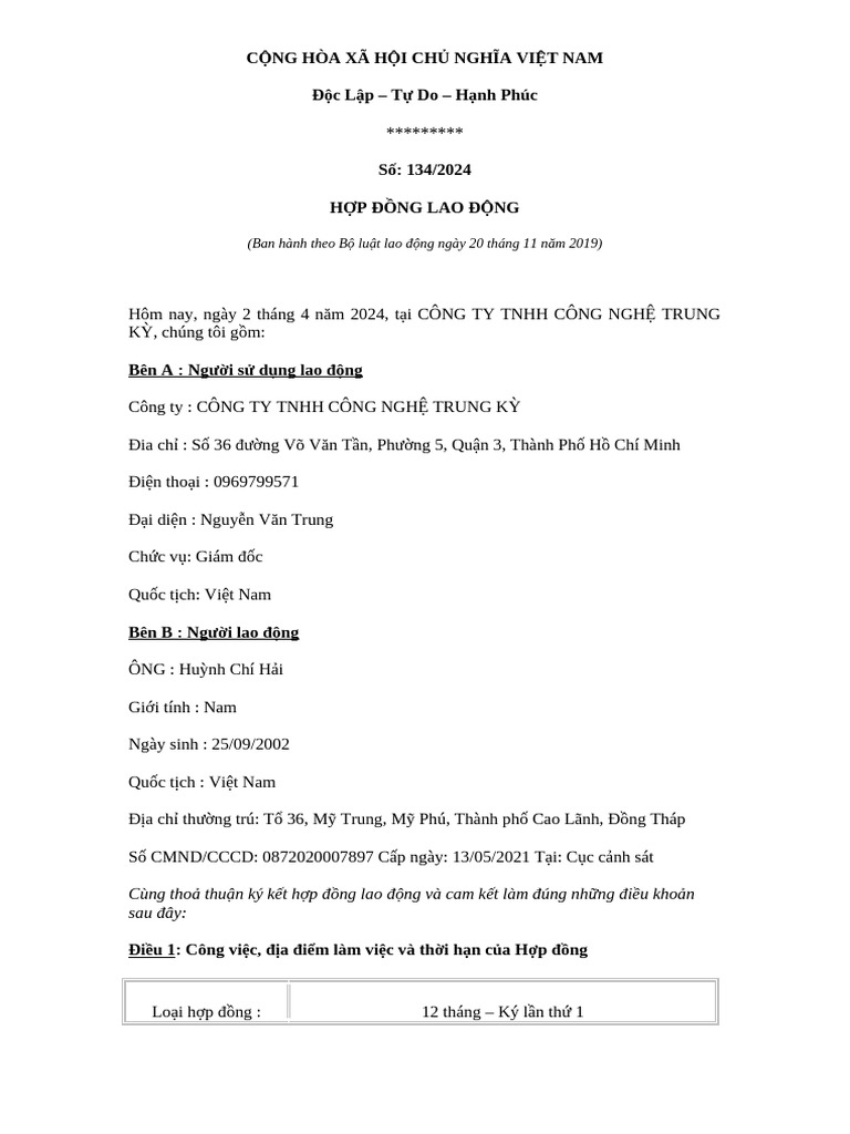 Hop Dong Lao Dong 1 | PDF