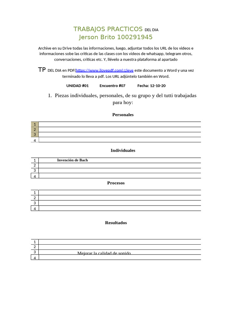 Trabajos Practicos Del Dia Plantilla. para MC 1 MC 2. Co IV y Co V (2) Numero 7 | PDF