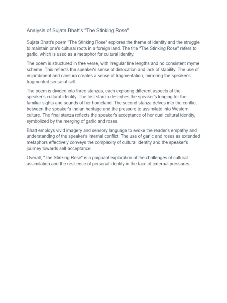Analysis of Sujata Bhatt's - The Stinking Rose | PDF