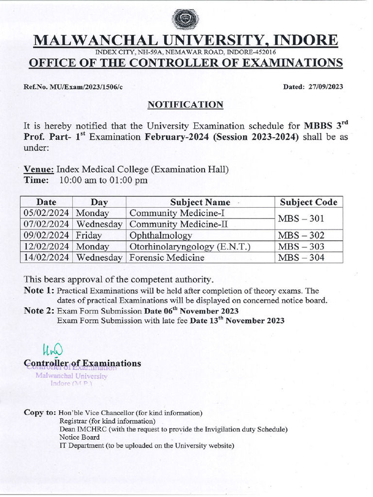 Time Table Schedule of 3rd Prof. Part-1st MBBS Theory Examination ...