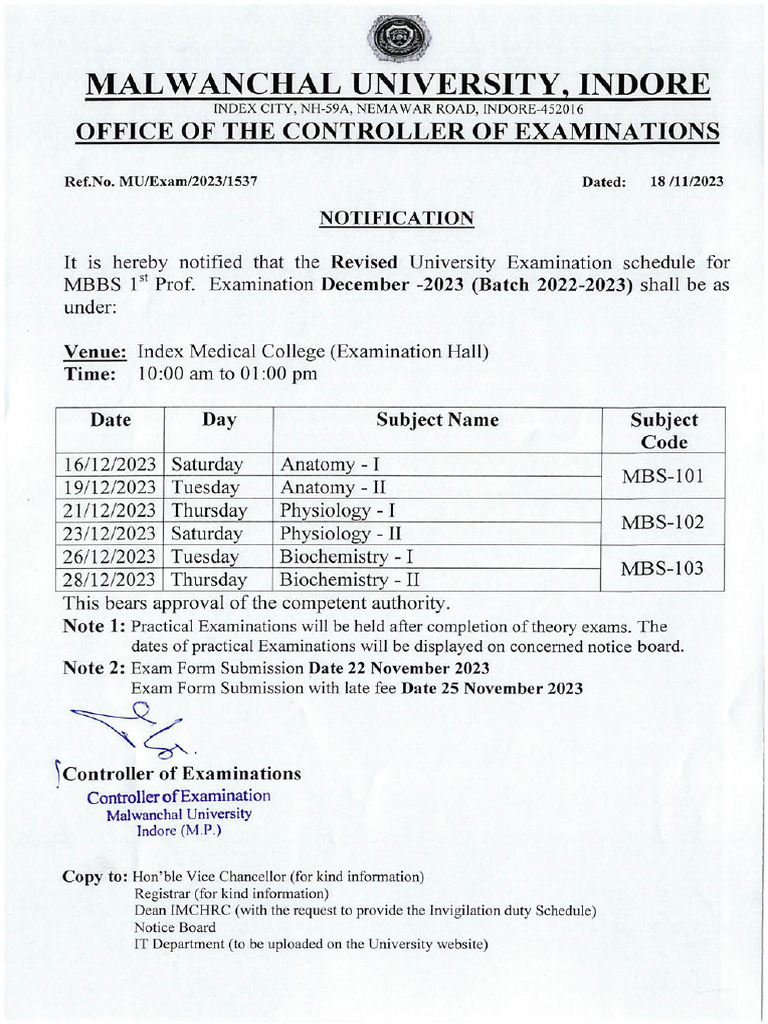 Revised Time Table Schedule of 1st Prof. MBBS Theory Examination December 2023 (Batch 2022-2023 ...