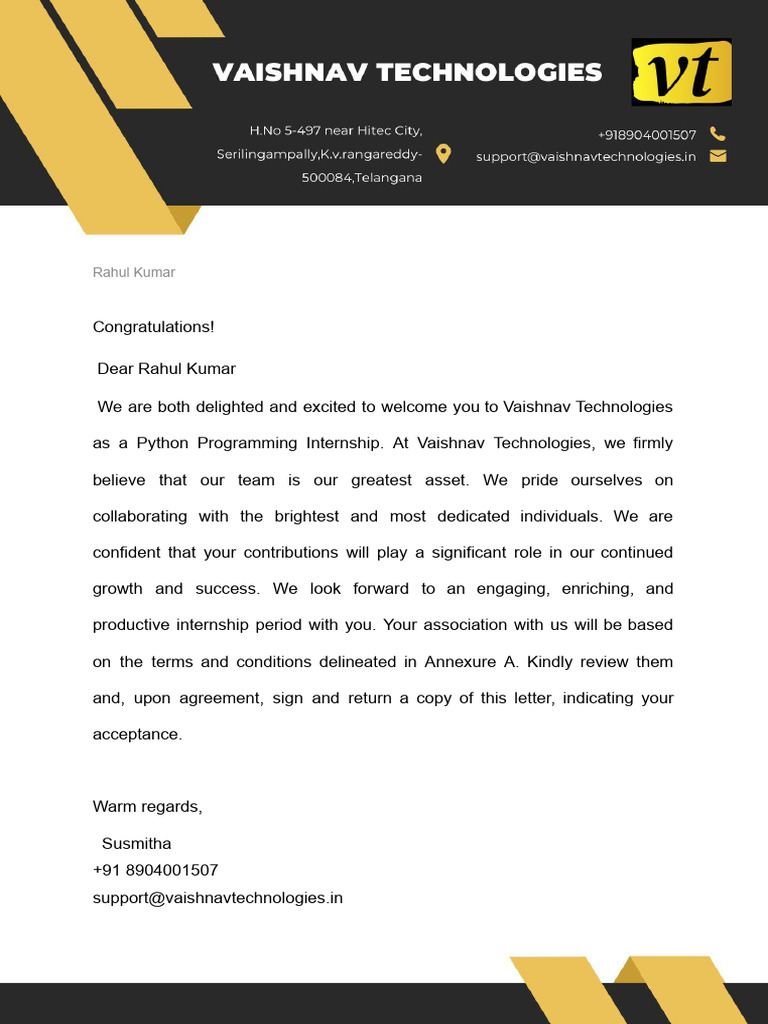 Vaishnav Technologies Python Internship Offer | PDF | Career & Growth
