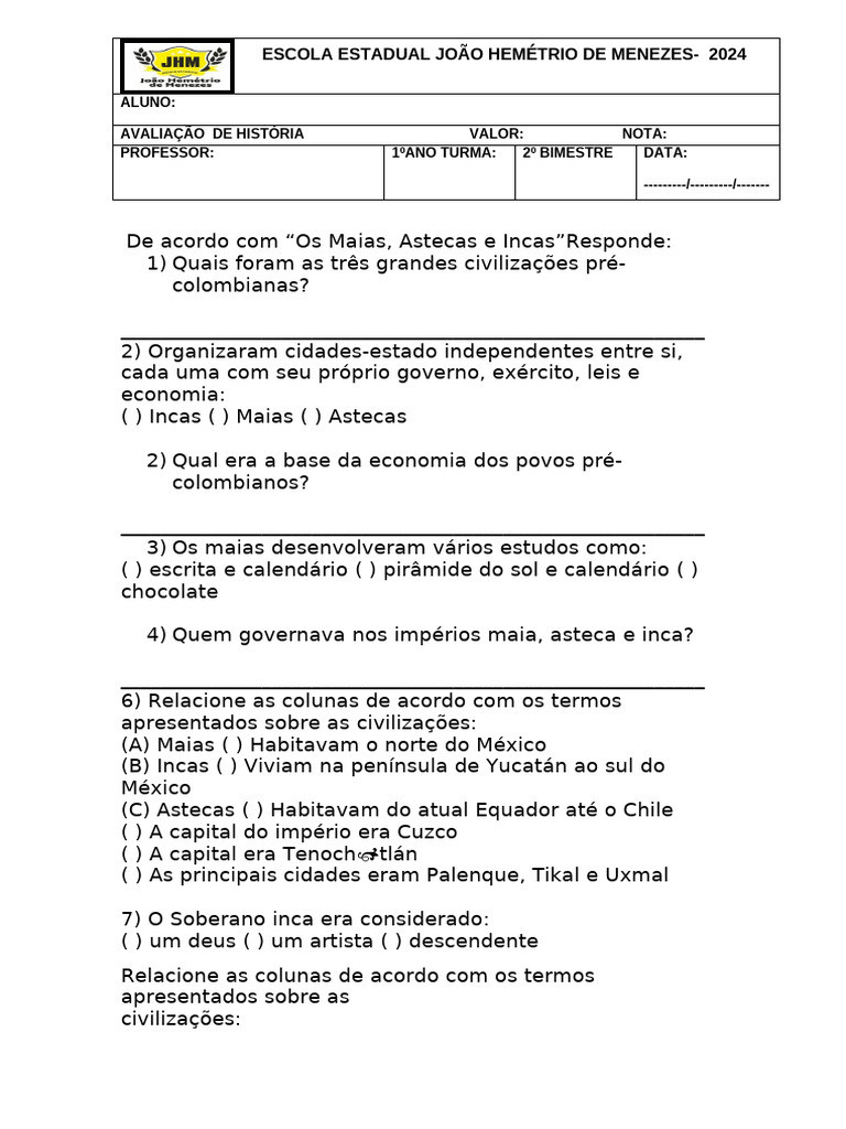 Prova De Historia 2ºbimestre Pdf