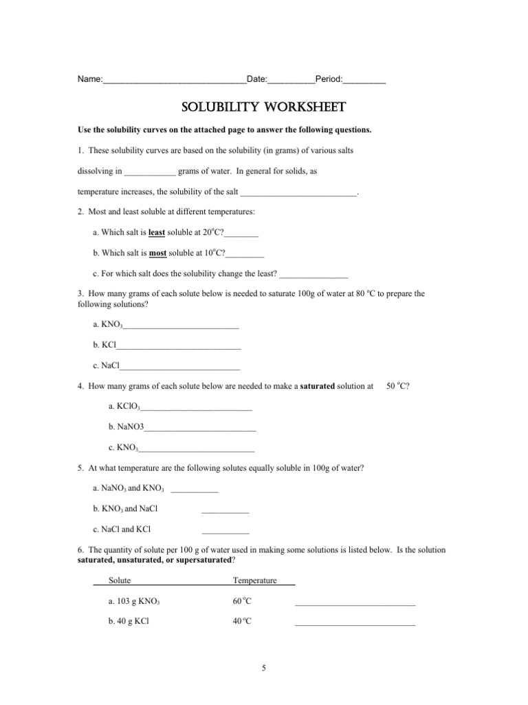 Solubility Worksheet and Packet | PDF | Acid | Solubility