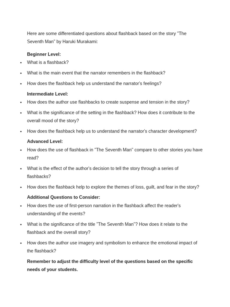 Here Are Some Differentiated Questions About Flashback Based On The ...