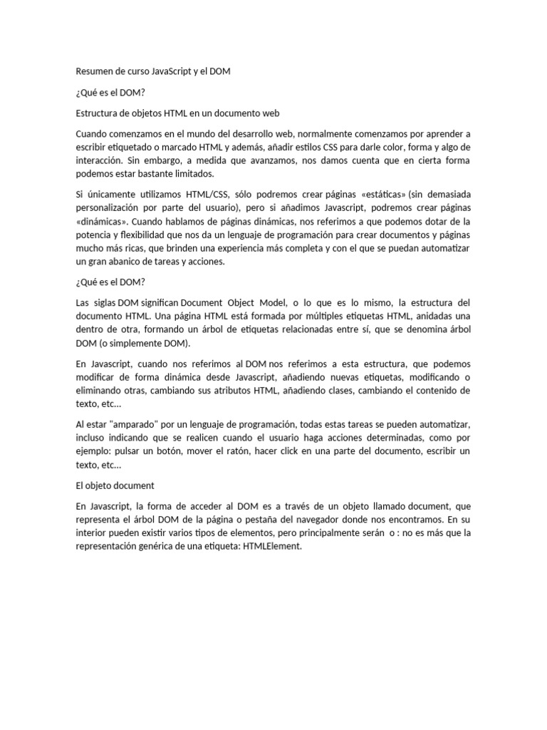 Resumen de curso JavaScript y el DOM | PDF | Modelo de objeto de ...