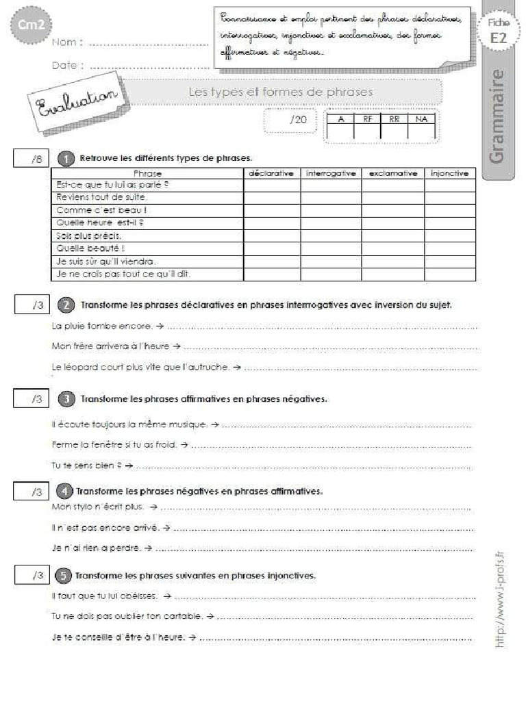 Evaluation Types Formes Phrases 1a | PDF