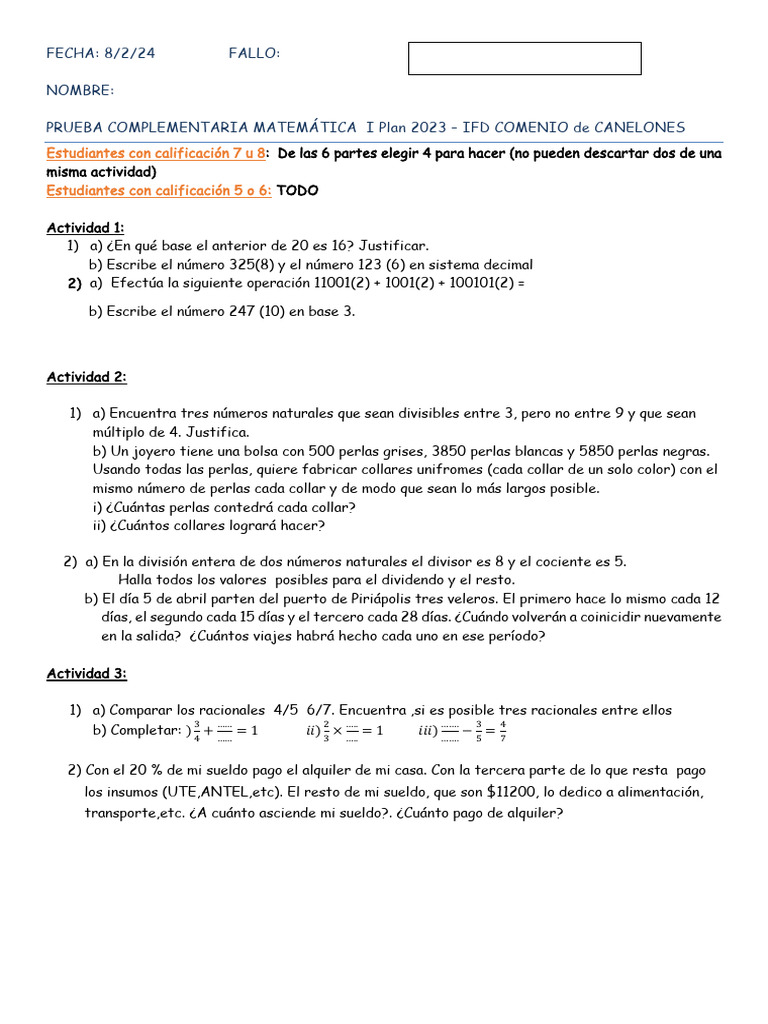 Prueba Complementaria Febrero 2024 | PDF | Métodos y materiales de enseñanza