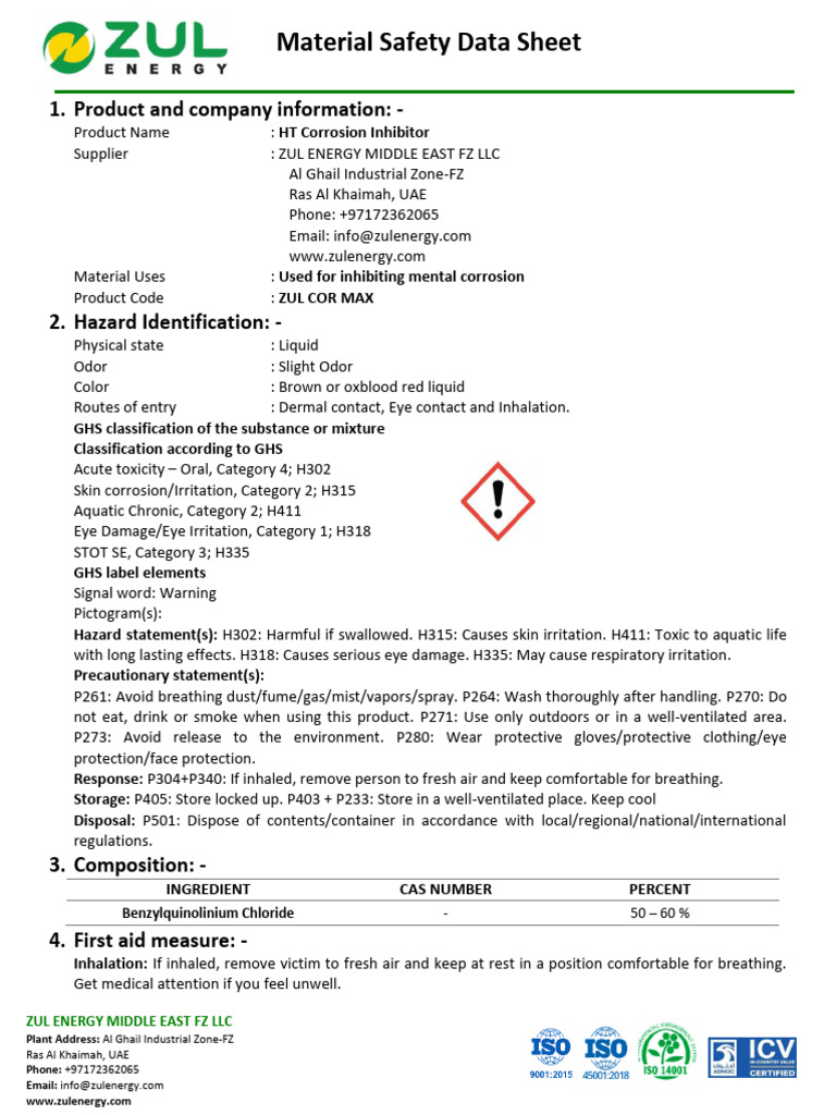 HT Corrosion Inhibitor - Zul Cor Max - Zul Msds | PDF | Dangerous Goods | Toxicity