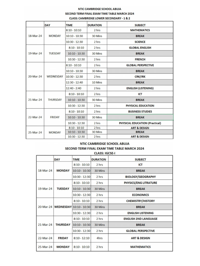 Second Term Final Exam Timetable Mar 2024 | PDF