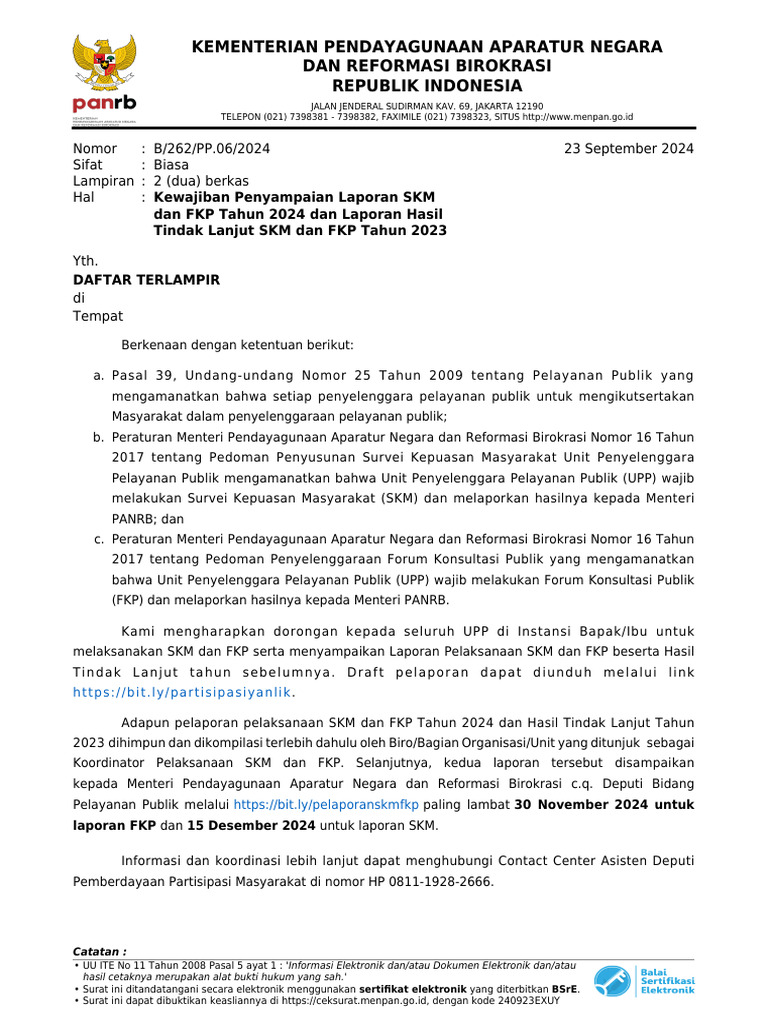 Surat Kewajiban Penyampaian Laporan SKM Dan FKP 2024 | PDF