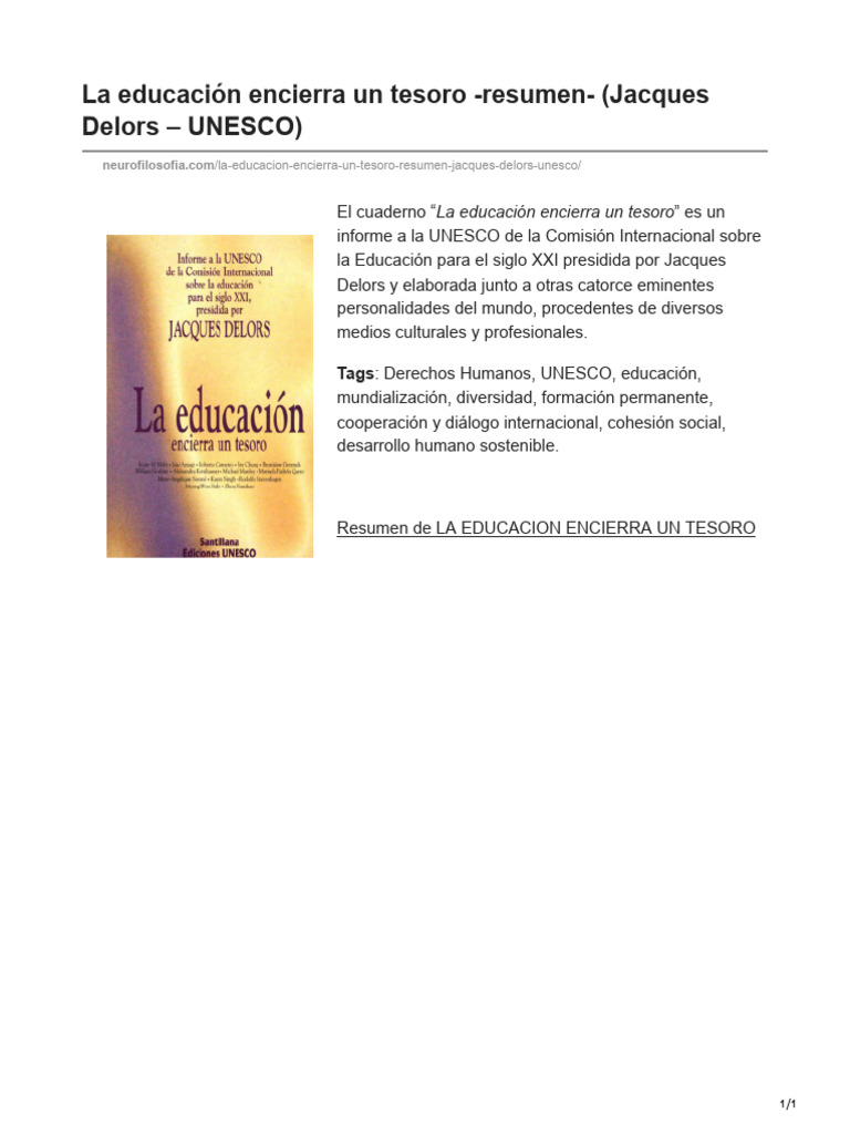 La Educación Encierra Un Tesoro - Resumen - Jacques Delors UNESCO | PDF ...