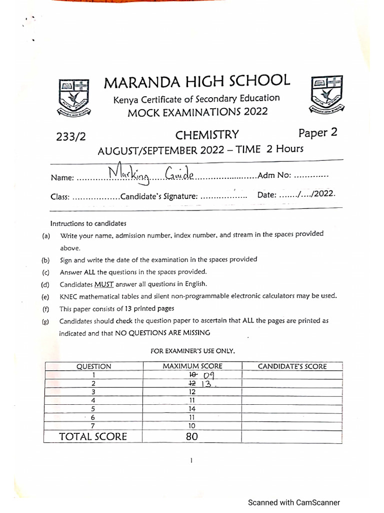 Chemistry P2 MS Maranda High School Mock 2022 | PDF