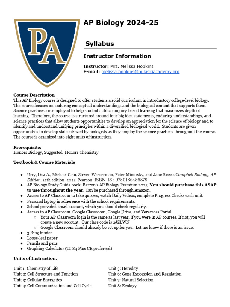AP Biology Syllabus 2024-25 Hopkins | PDF | Inquiry Based Learning ...
