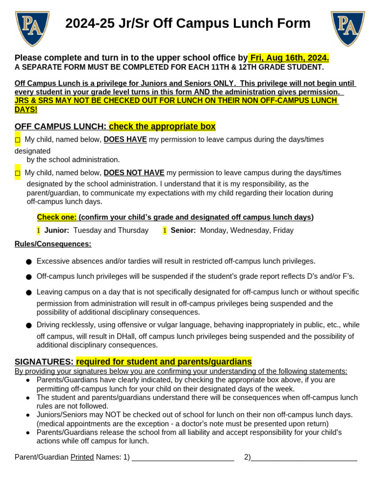 Off-Campus Lunch Permission Form 2024-25 | PDF