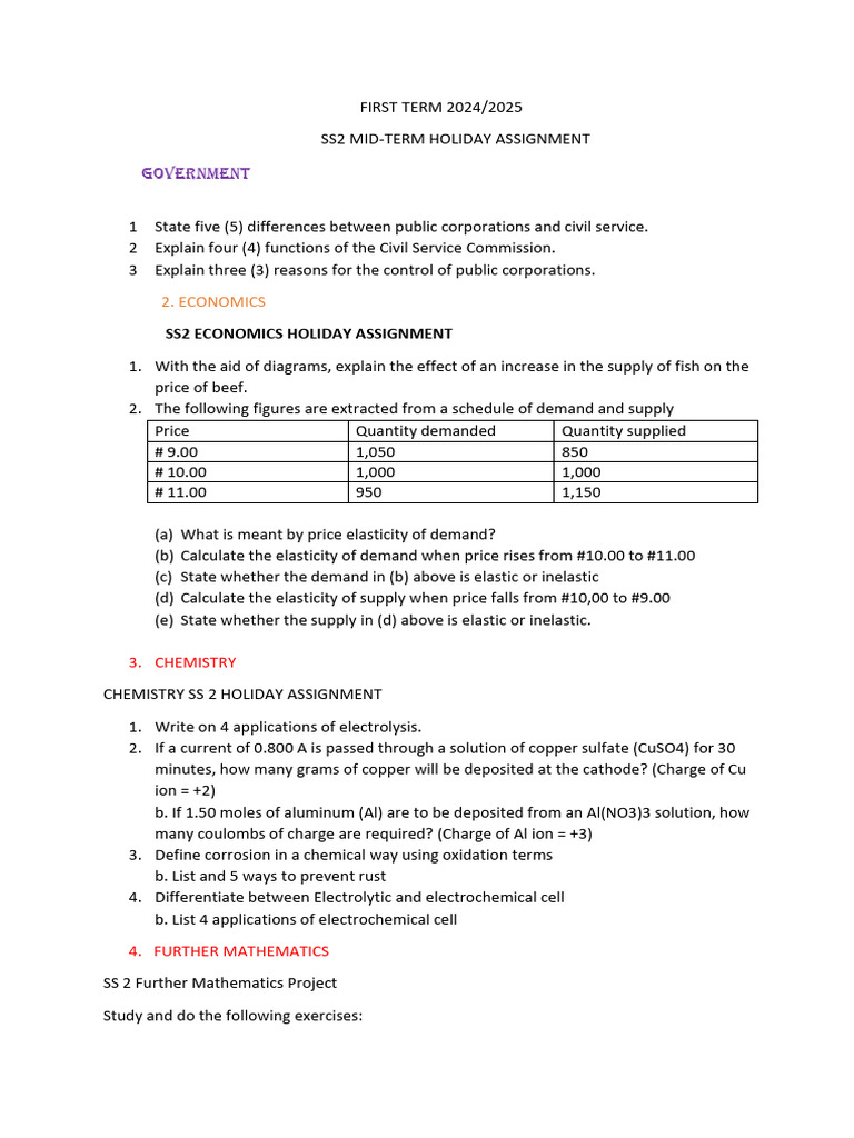 SS2 First Term Mid-Term Assignment | PDF | Electrochemistry | Elasticity (Economics)