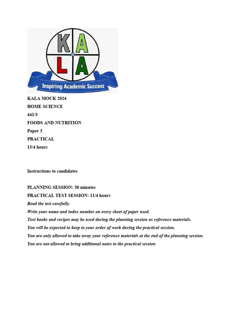 Home Science Practical Test 2024 | PDF