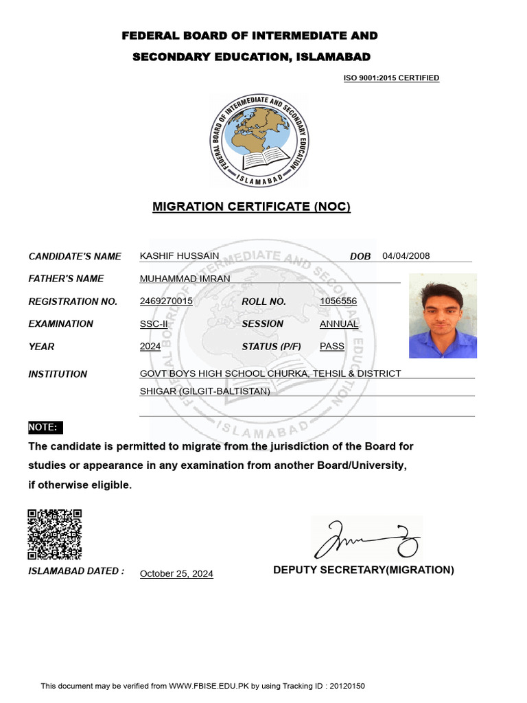 Migration Certificate (Noc) : Federal Board of Intermediate and ...