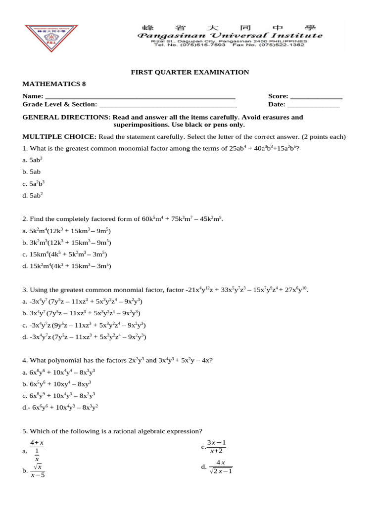 First Quarter Math Exam 8 | PDF | Mathematical Analysis | Mathematical ...