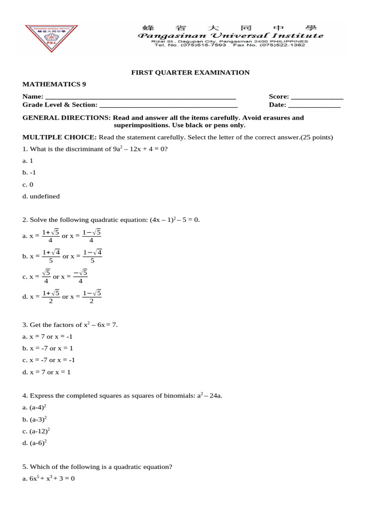 Math 9 First Quarter Exam | PDF | Quadratic Equation | Elementary ...