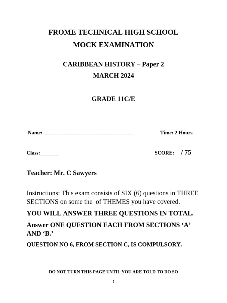 2024 Paper 2 Mock Examination History Frome Technical High School | PDF ...