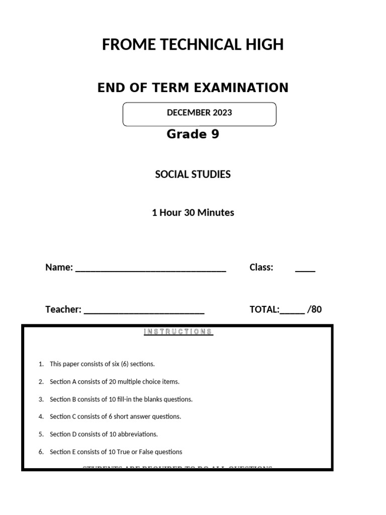 Grade 9 END OF TERM Social Studies Exam FINAL | PDF | Social Science ...