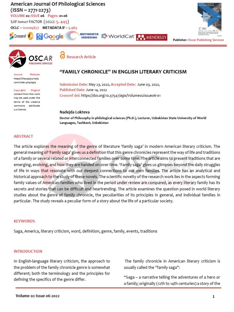 "Family Chronicle" in English Literary Criticism | PDF | Saga | Novels