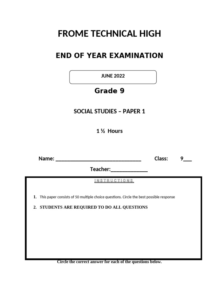 Grade 9 Social Studies Exam Paper | PDF | Government