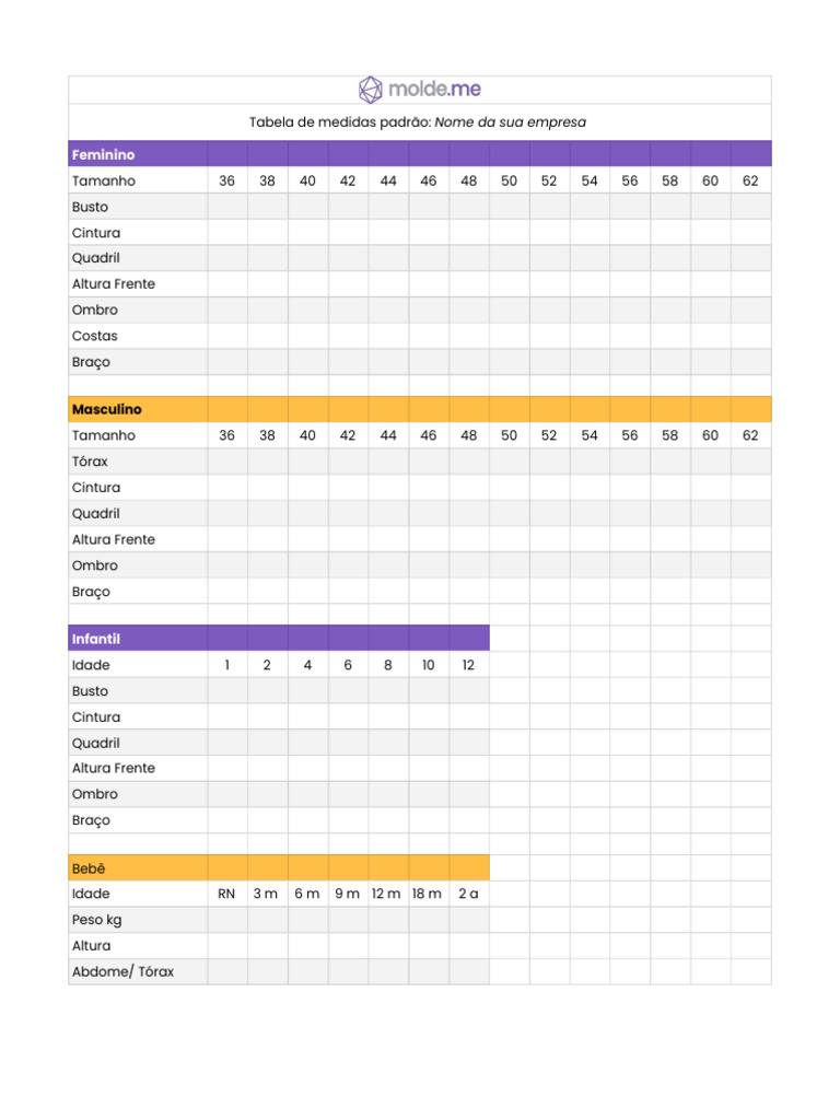 Tabela de Medidas - Template | PDF | Estilo de vida