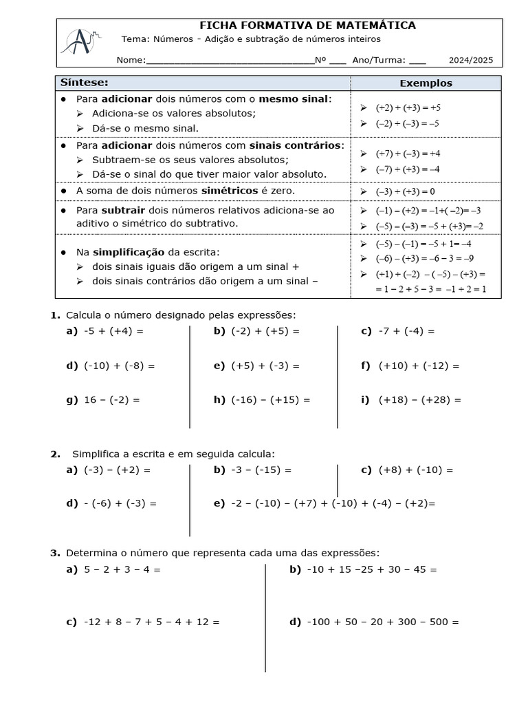 Ficha Matematica 7 Ano Adicao e Subtracao de Numeros Inteiros Algebrica | PDF | Número inteiro ...