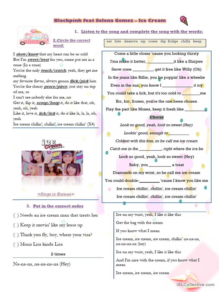 Ice Cream Lyrics Activity Guide | PDF | Water Ice | Frozen Desserts