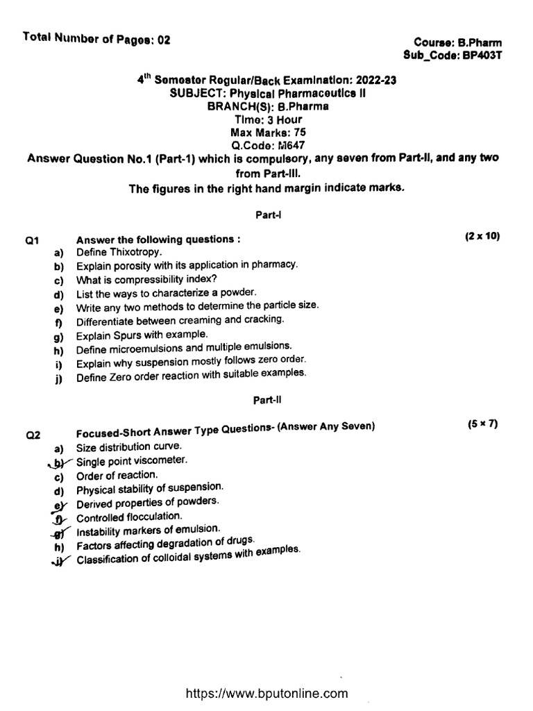 Bpharm 4 Sem Physical Pharmaceutics 2 Bp403t 2023 | PDF