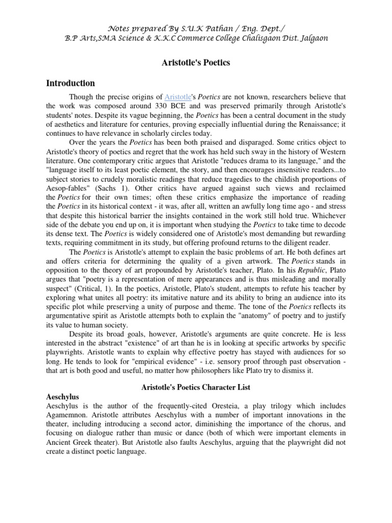 Aristotle Poetics Notes Prepared by Prof | PDF | Tragedy | Aristotle