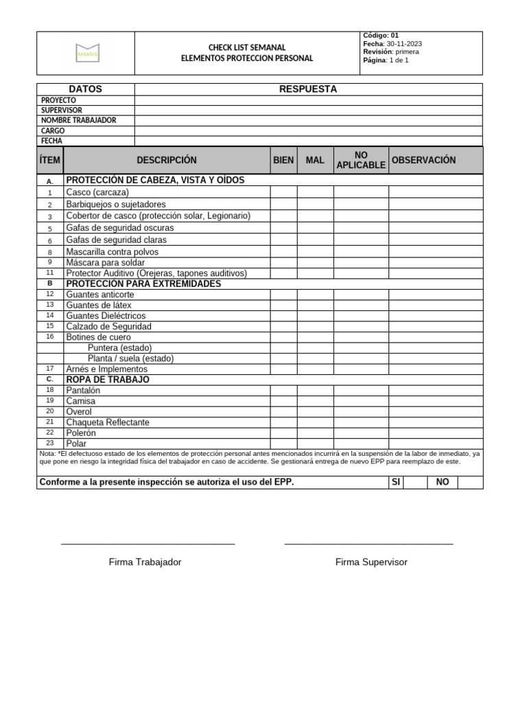 Formato Check List EPP Semanal | PDF