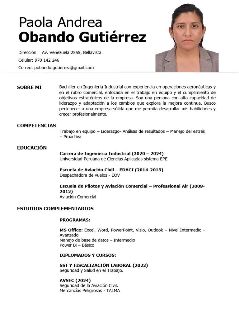 Paola Andrea Obando - Curriculum (Corpac) | PDF | Aeropuerto