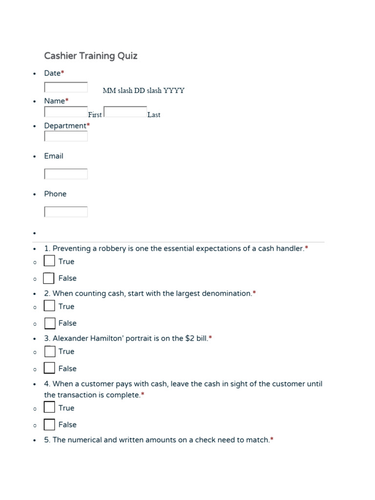 Cashier Training Quiz | PDF | Finance & Money Management | Social Science