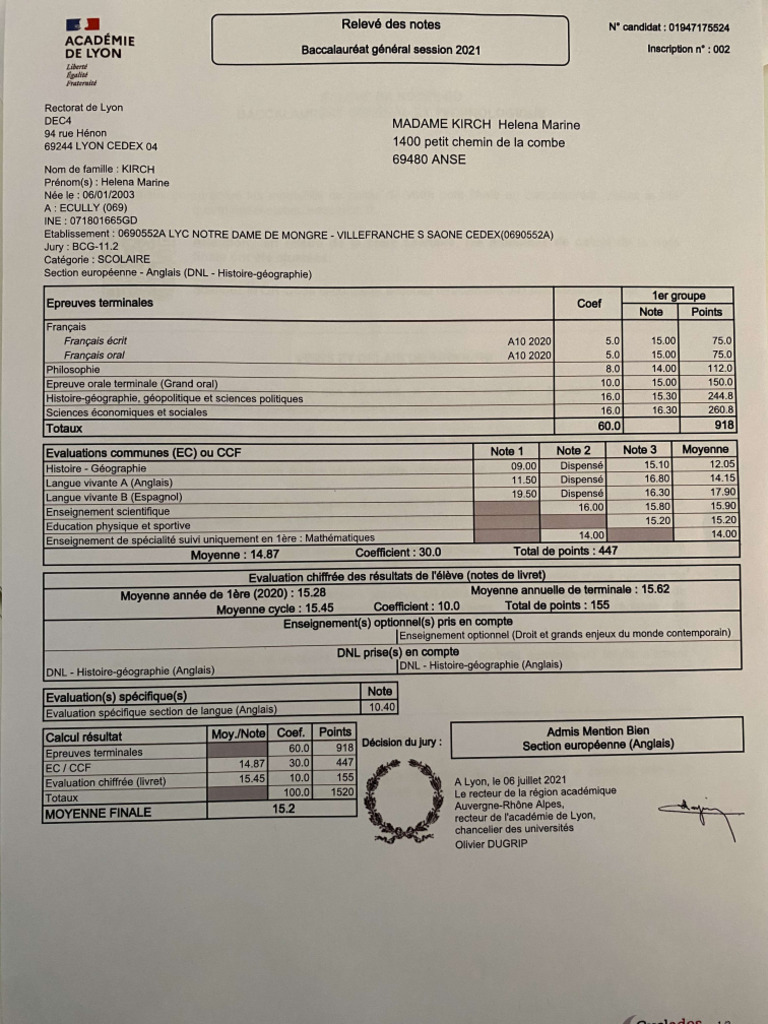 Relevé de Notes Bac | PDF