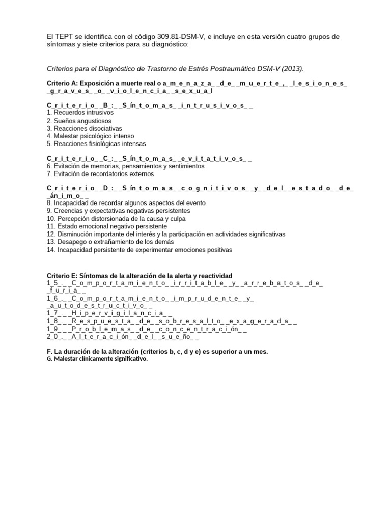 Criterios Diagnósticos Del TEPT Según El DSM-5 | PDF | Medicina CLINICA | Enfermedades y ...