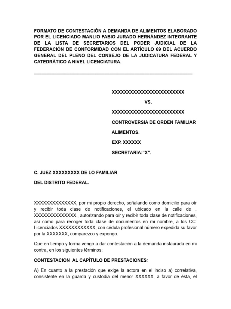 Formato de Contestacion A Demanda de Alimentos | PDF | Pensión ...