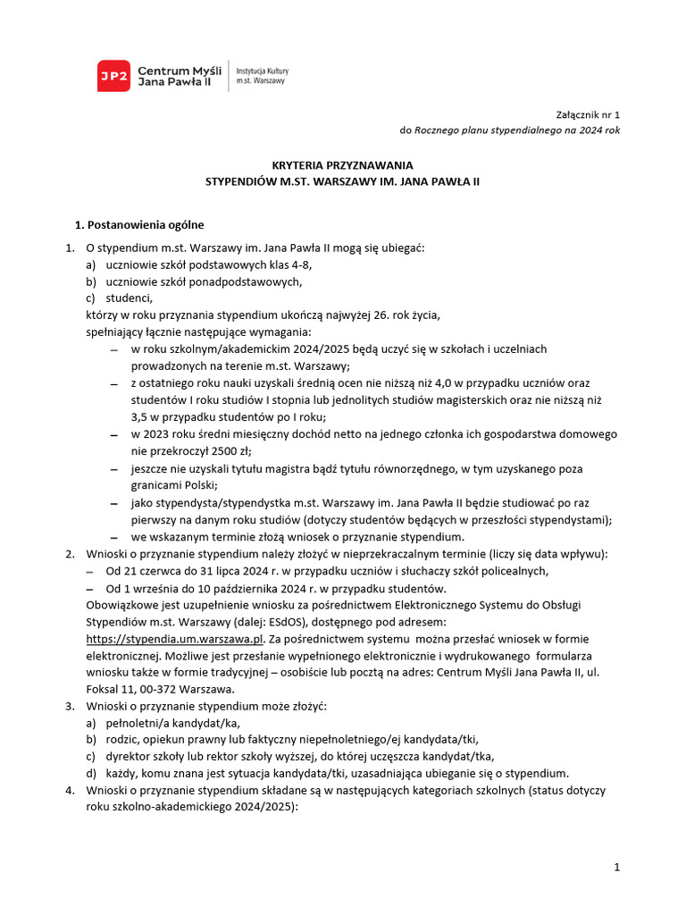 Zal. NR 1 Do Planu Stypendialnego - 2024 2025 - KRYTERIA | PDF