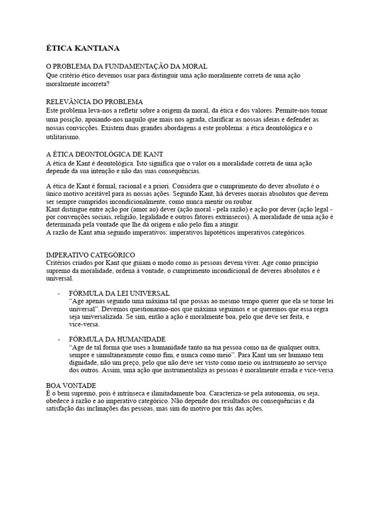 Ética Kantiana | PDF | Moralidade | Immanuel Kant
