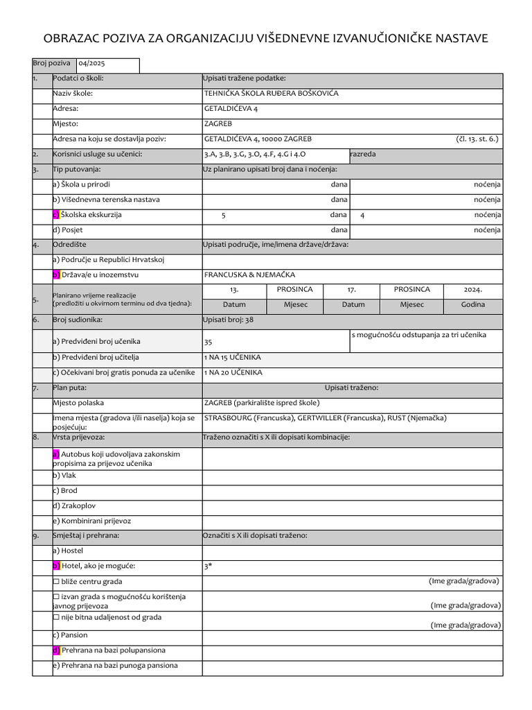 Obrazac Poziva Za Organizaciju Višednevne Izvanučioničke Nastave | PDF