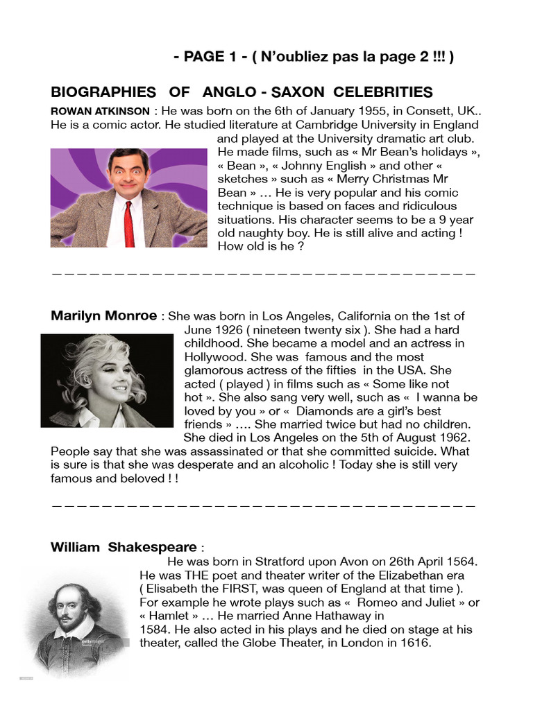 Biographies of Anglo-Saxon Celebrities | PDF